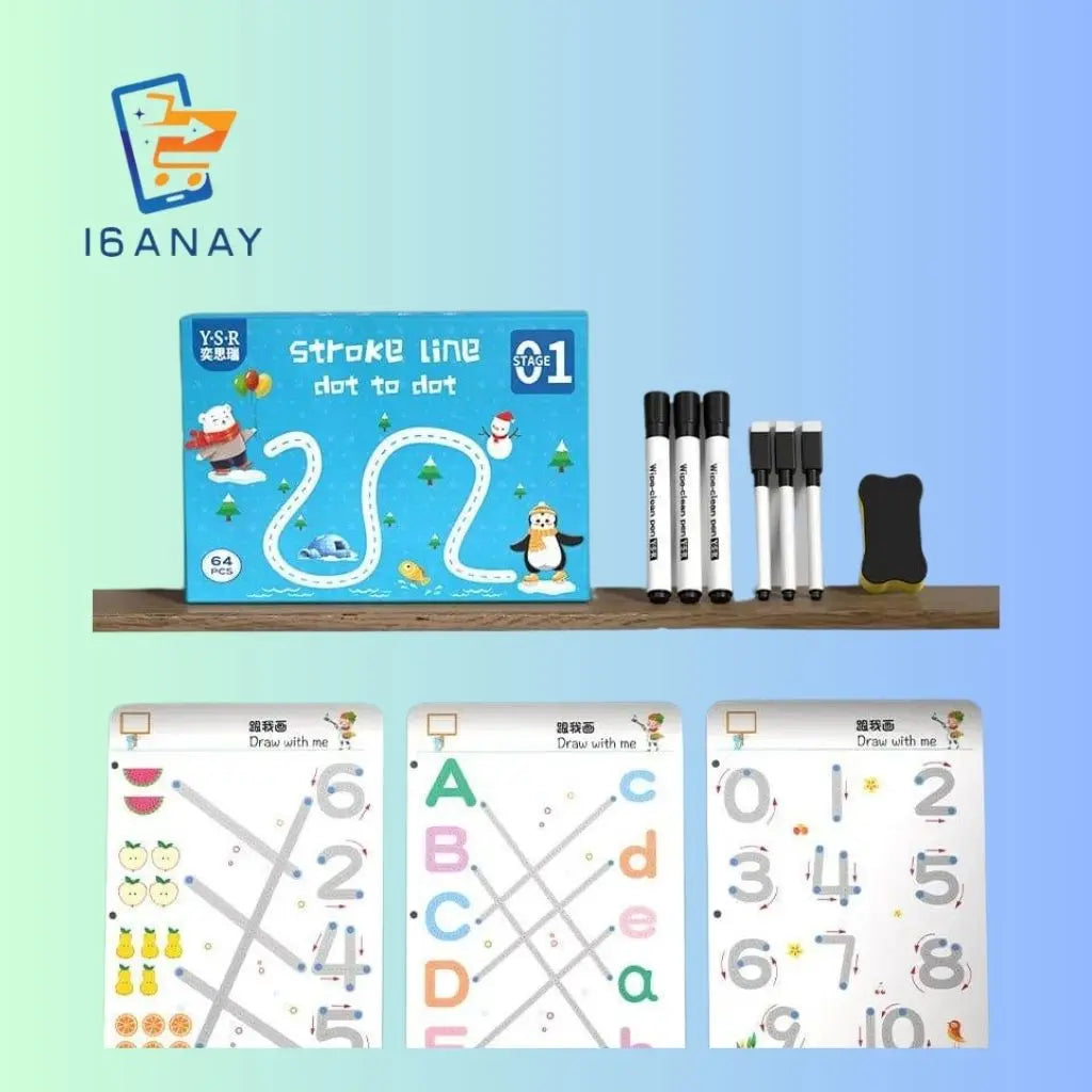 Work Book Stroke Line Dot to Dot | Pens & Eraser | 64 Pages – 16anay